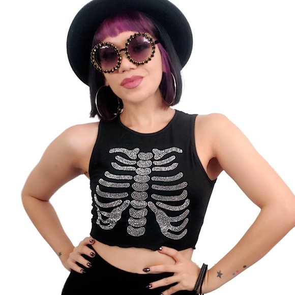 Tops | Sparkle Bones Goth Skeleton Crop Top Gothic Size M Medium | Poshmark